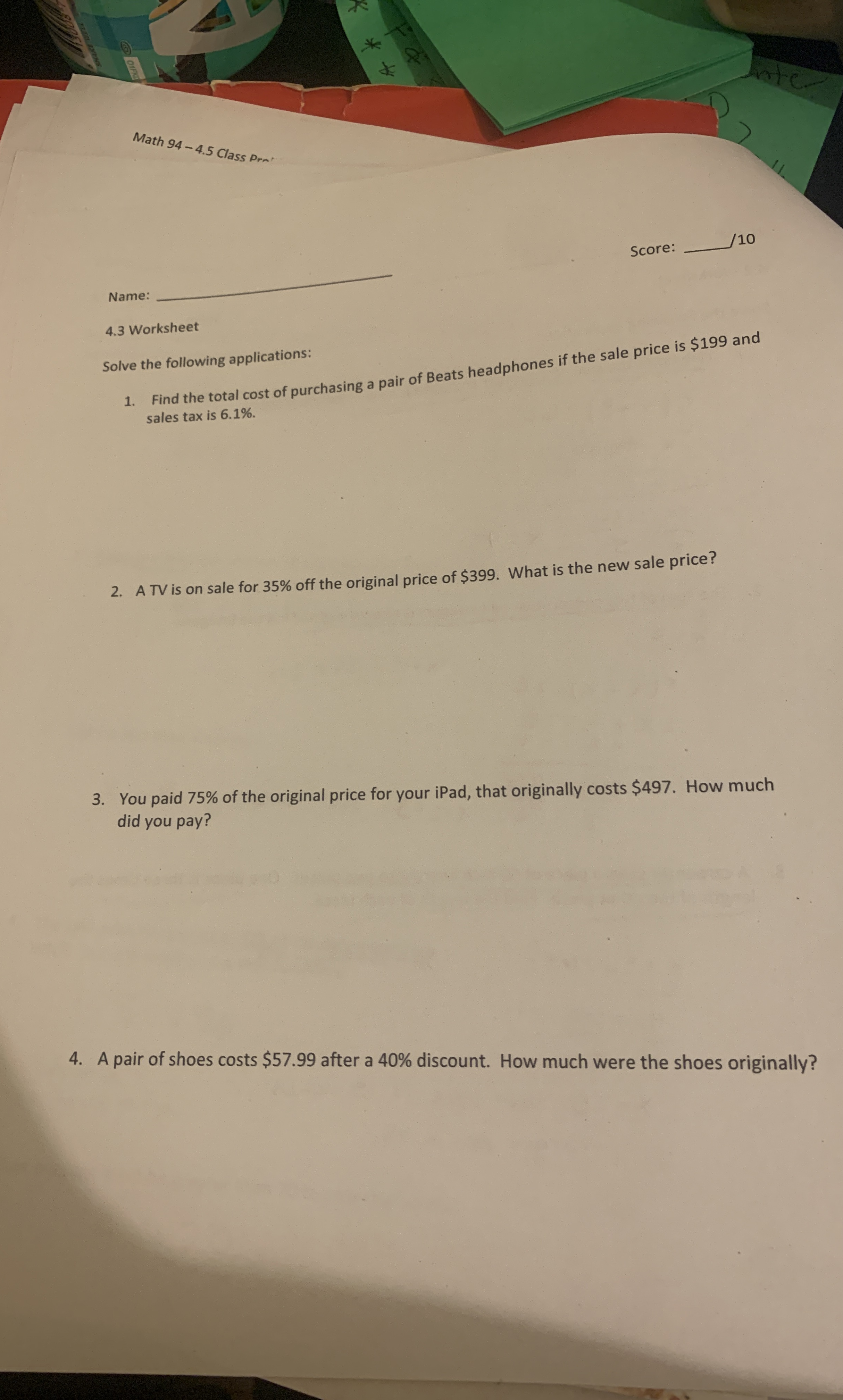 Solved Math 94-4.5 ﻿Class Pr.Score: q, 10Name: q,4.3 | Chegg.com