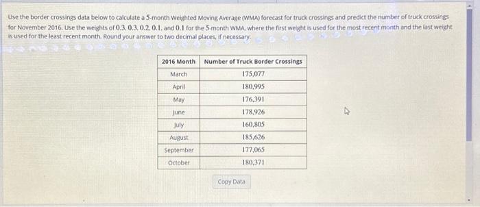 Solved Use the border crossings data below to calculate a | Chegg.com