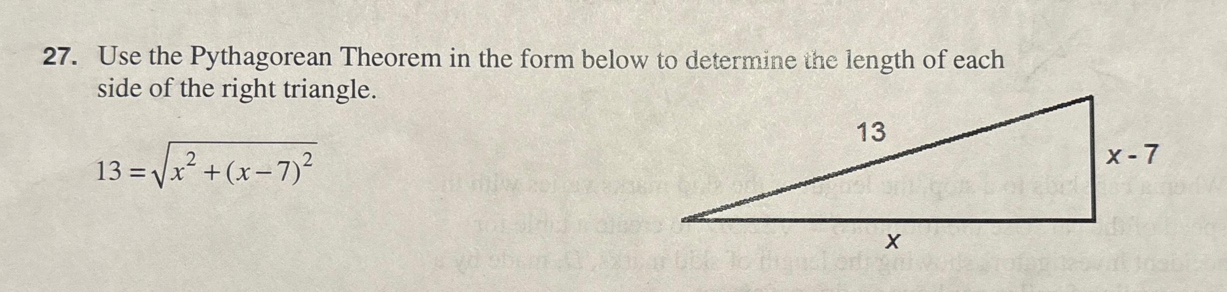 Solved Use the Pythagorean Theorem in the form below to | Chegg.com