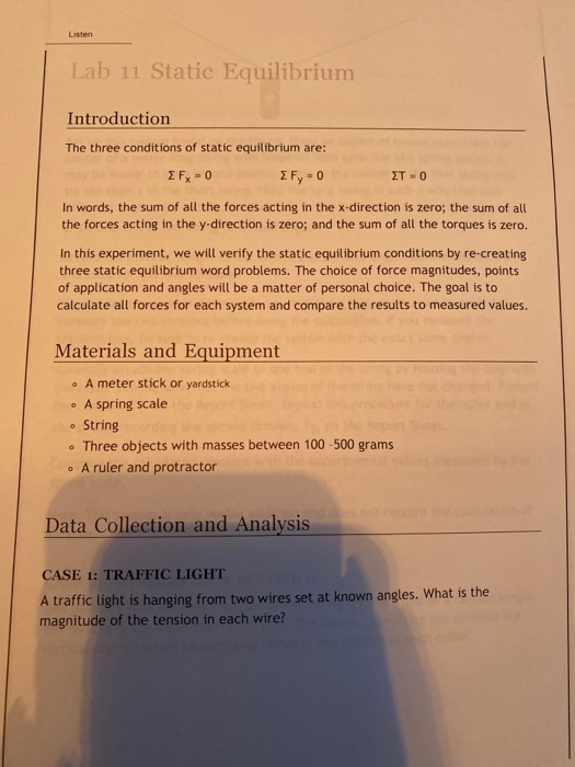 Listen Lab 11 Static Equilibrium Introduction The | Chegg.com