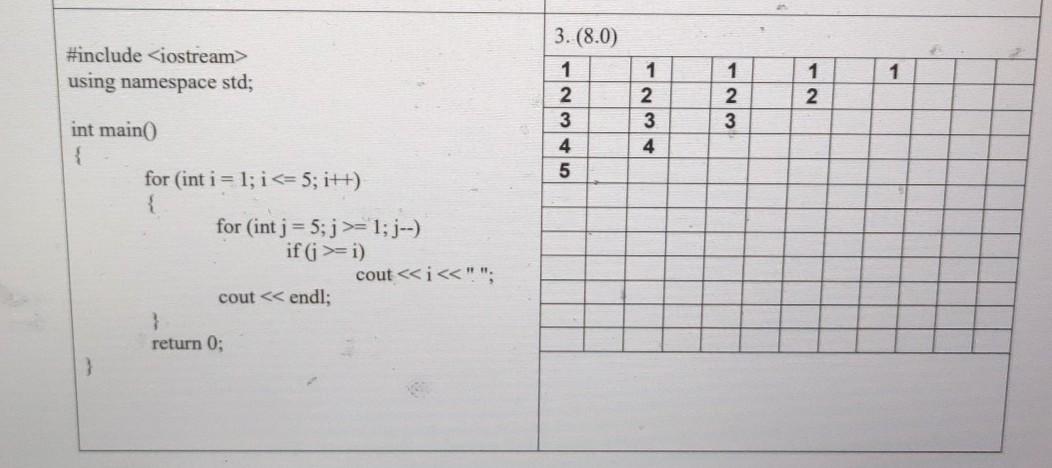 Solved #include using namespace std; 1 1 3. (8.0) 1 2 3 4 5 | Chegg.com