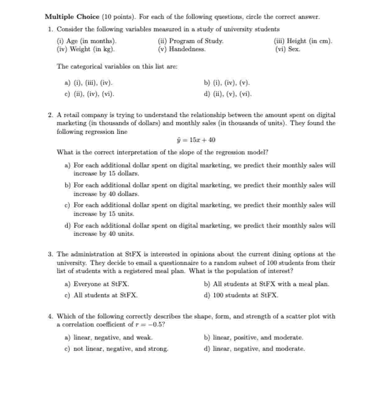 Solved Multiple Choice ( 10 ﻿points). ﻿For each of the | Chegg.com