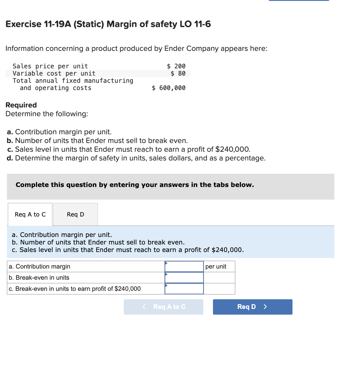Solved Exercise 11-19A (Static) ﻿Margin of safety LO | Chegg.com