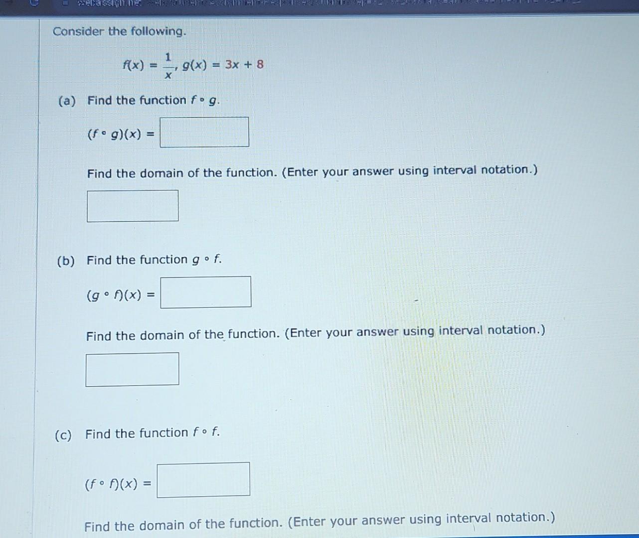 Solved Consider the following. f(x)=x1,g(x)=3x+8 (a) Find | Chegg.com