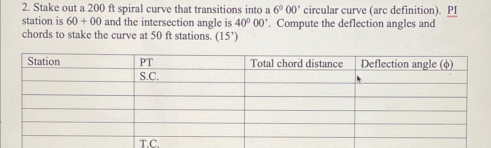 Solved Stake out a 200ft ﻿spiral curve that transitions into | Chegg.com