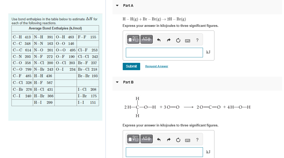 Solved Part AUse bond enthalpies in the table below to | Chegg.com