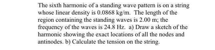 Solved The sixth harmonic of a standing wave pattern is on a | Chegg.com