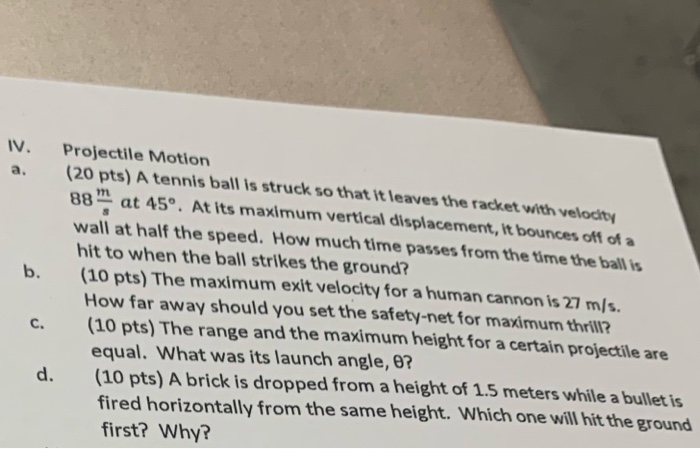 Solved b. Projectile Motion (20 pts) A tennis ball is struck | Chegg.com
