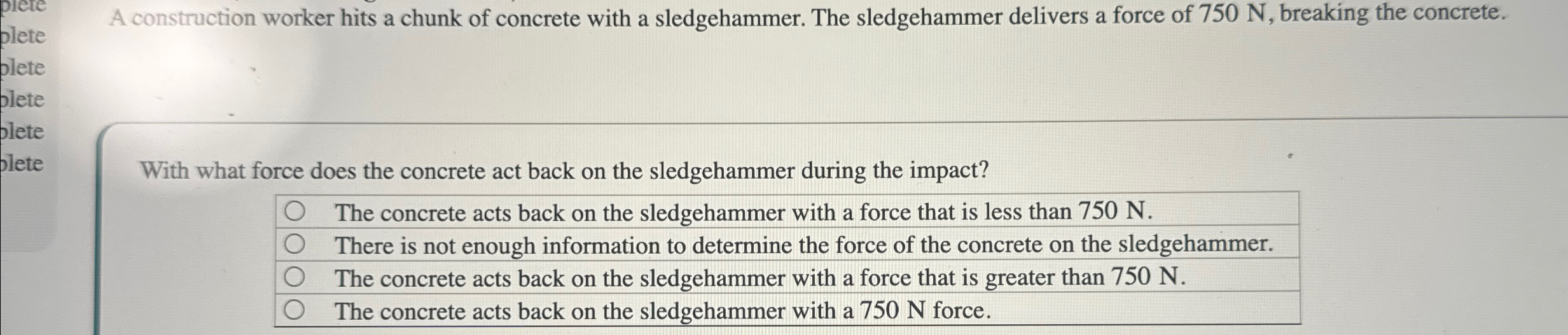 Solved A construction worker hits a chunk of concrete with a | Chegg.com