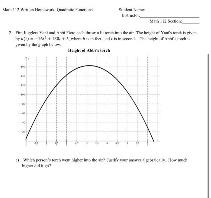Solved Math 112 Written Homework: Quadratic Functions | Chegg.com