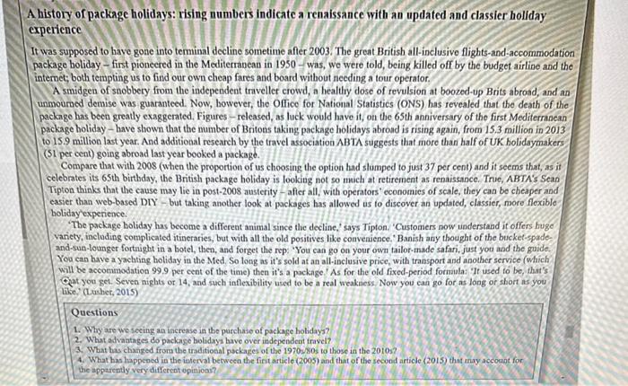 Solved history of package holidays: rising numbers indicate | Chegg.com