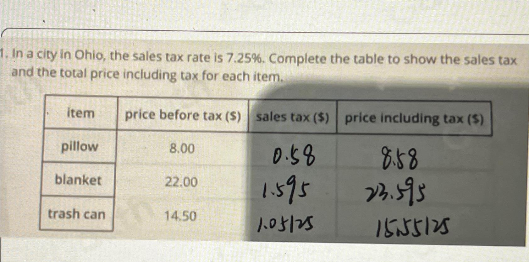 Solved In a city in Ohio, the sales tax rate is 7.25%. | Chegg.com