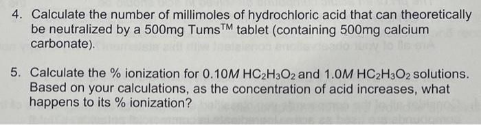 Solved 4. Calculate the number of millimoles of hydrochloric | Chegg.com