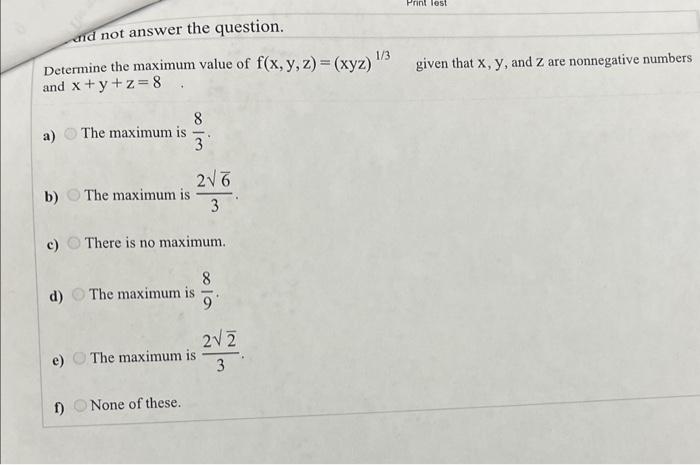 Solved Determine the maximum value of f(x,y,z)=(xyz)1/3 | Chegg.com