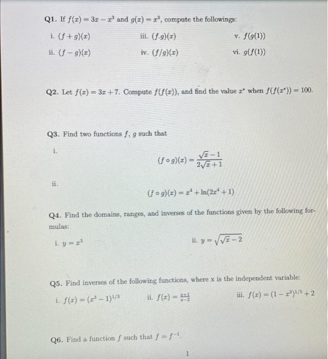 Solved Q1. If f(x)=3x−x3 and g(x)=x3, compute the | Chegg.com