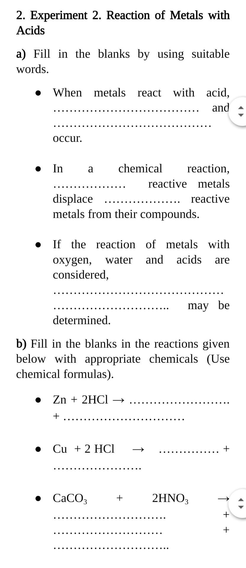 Solved 2. Experiment 2. Reaction of Metals with Acids a) | Chegg.com