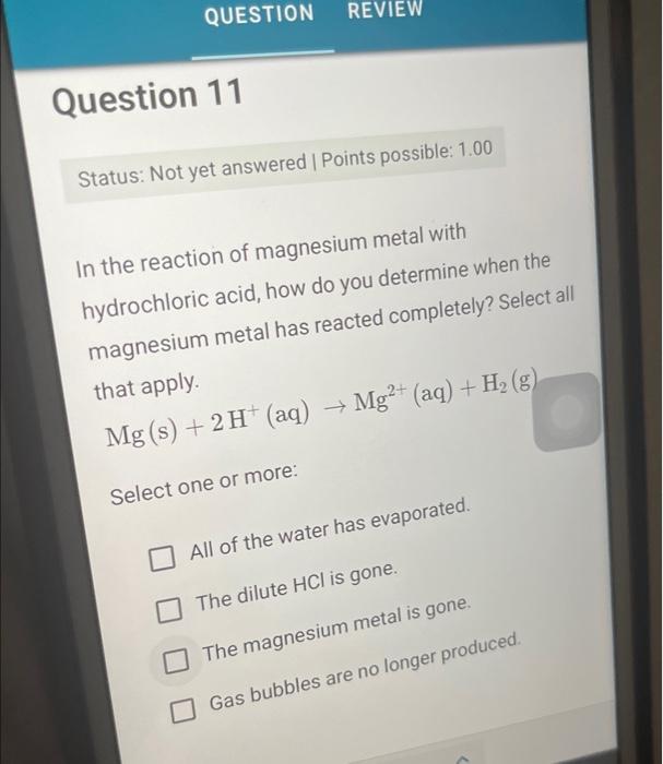 Solved n the reaction of magnesium metal with hydrochloric | Chegg.com
