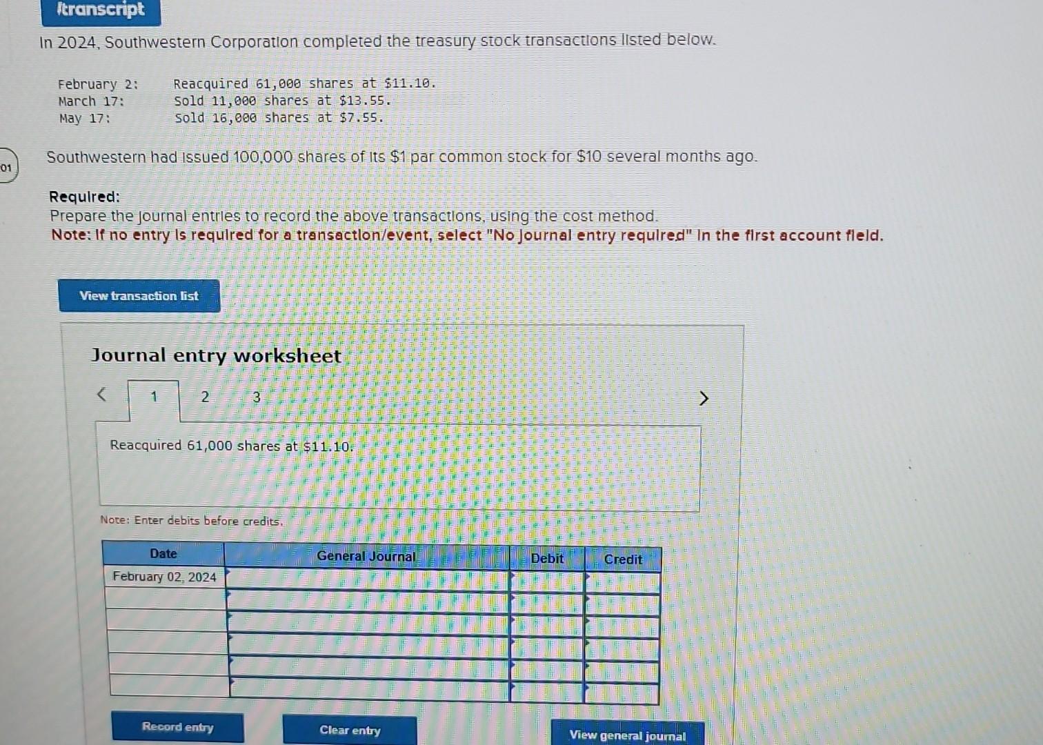Solved 12024, Southwestern Corporation completed the | Chegg.com