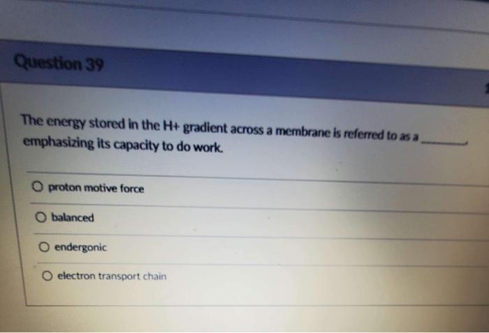 Solved Question 39 The energy stored in the H+ gradient | Chegg.com