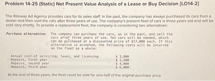 Solved Problem 14-25 (Static) Net Present Value Analysis of | Chegg.com