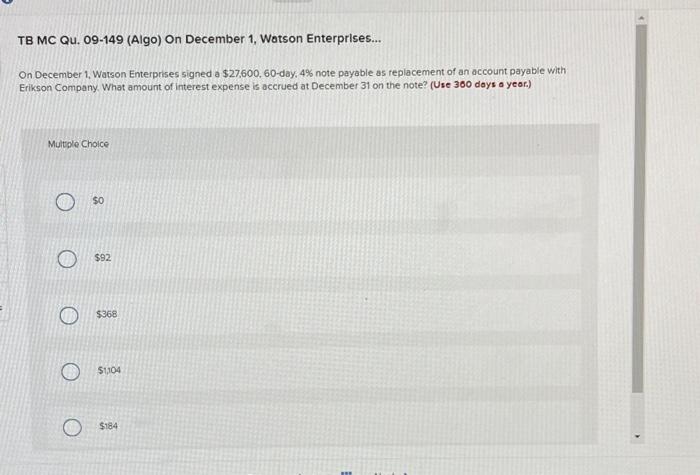 Solved TB MC Qu. 09-149 (Algo) On December 1, Wotson | Chegg.com