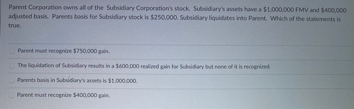 Solved Parent Corporation owns all of the Subsidiary | Chegg.com