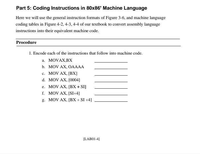 Solved Part 5: Coding Instructions in 80×86′ Machine | Chegg.com