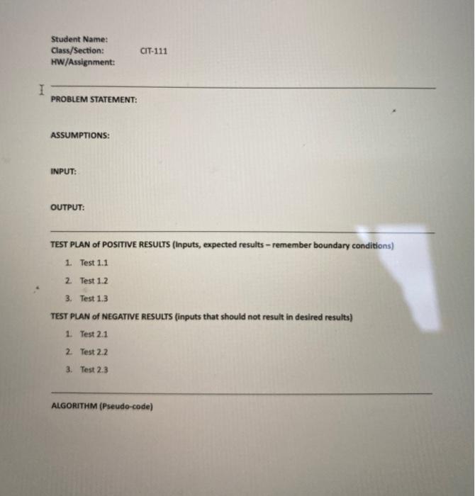 Solved CIT-111 Complete Problem 2 by filling out the | Chegg.com