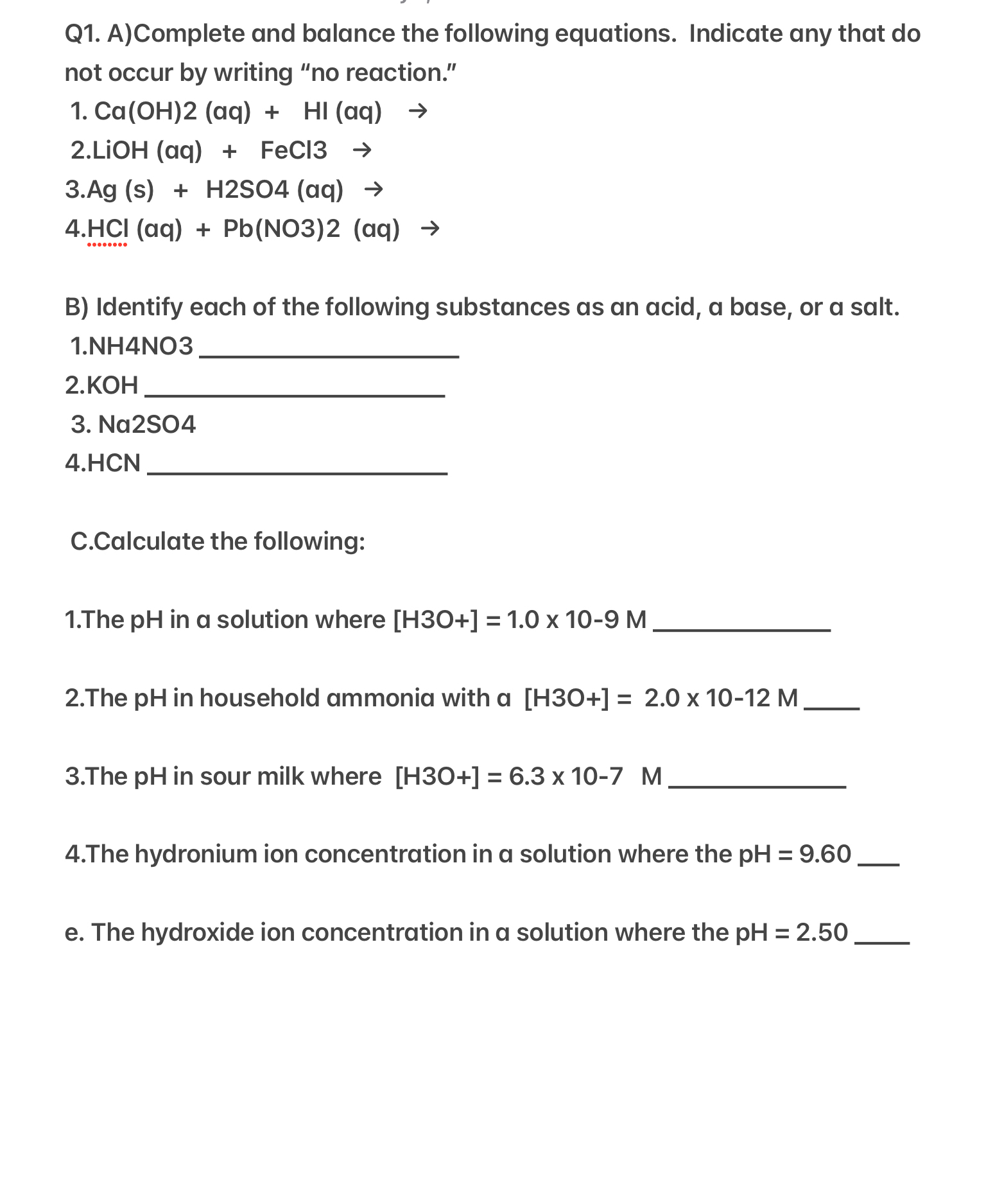 Solved Q1. ﻿A)Complete and balance the following equations. | Chegg.com