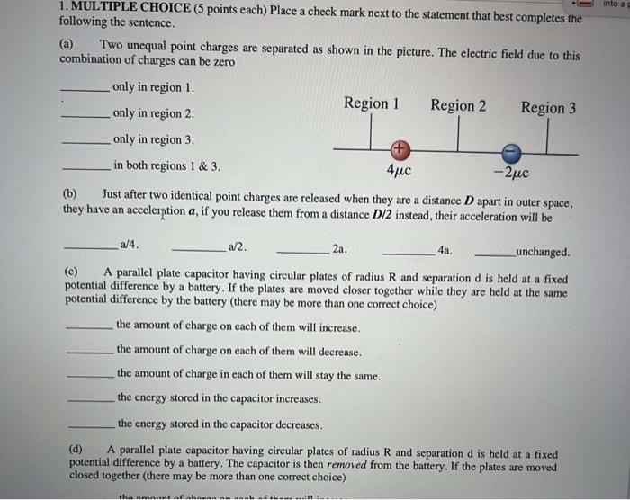 Solved 1. MULTIPLE CHOICE (5 points each) Place a check mark | Chegg.com