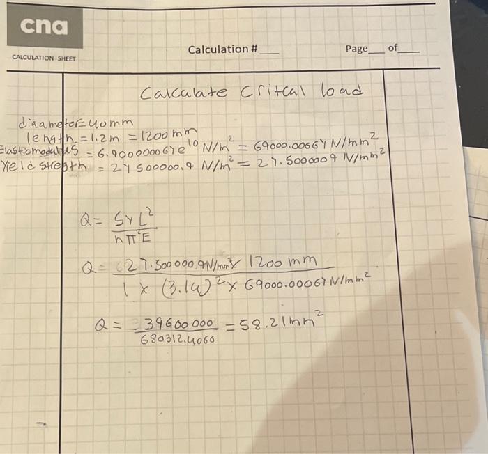 Solved calculate the critcal load Diameter 40mmlength | Chegg.com