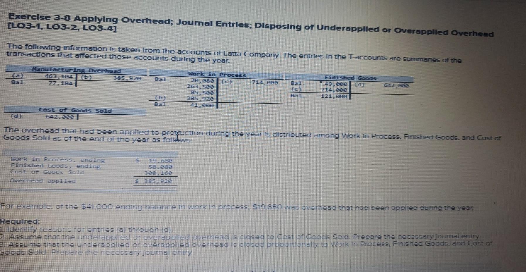 Solved Exercise 3-8 Applying Overhead; Journal Entries; | Chegg.com