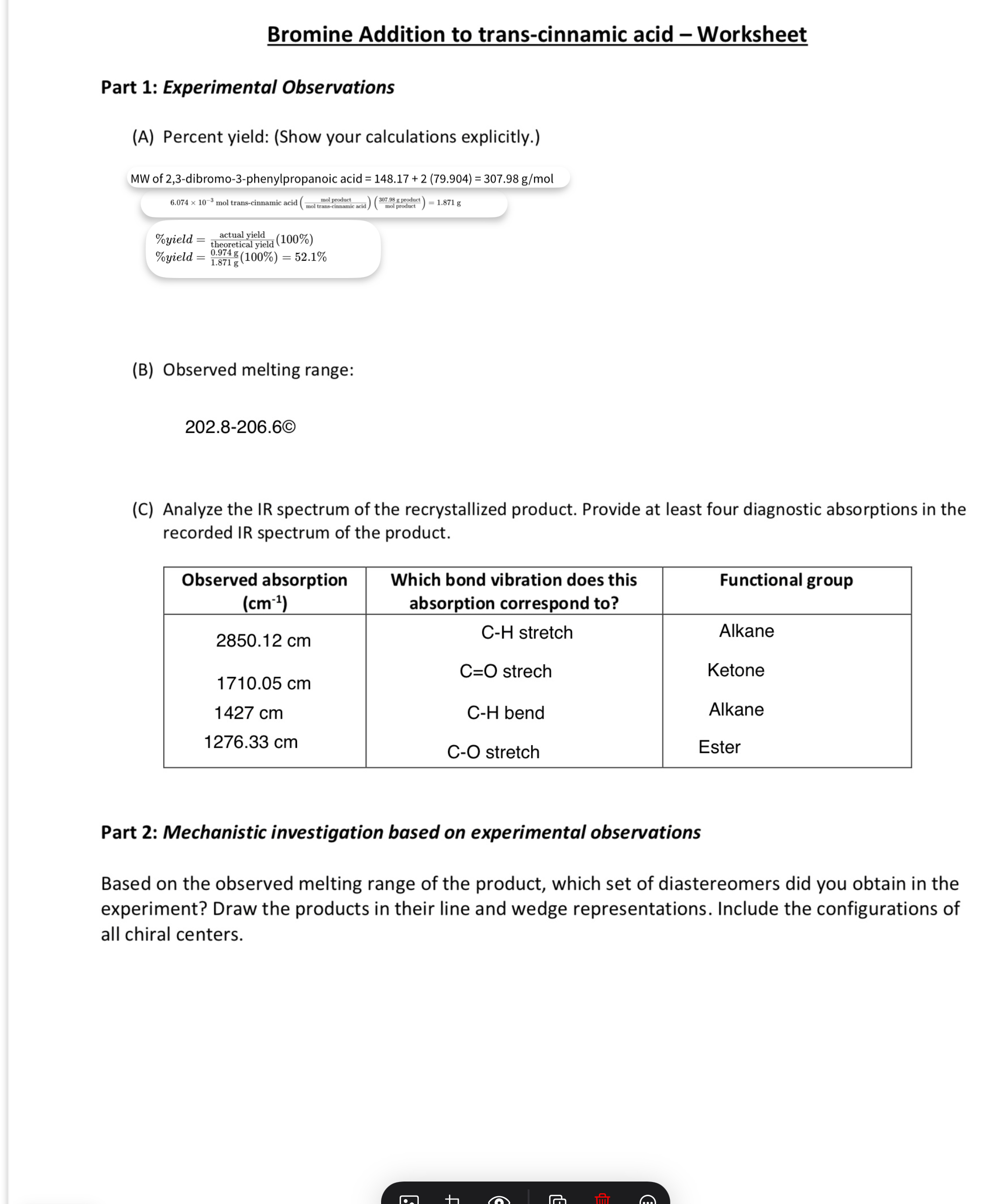 Solved Part 1: Experimental Observations(A) ﻿Percent yield: | Chegg.com