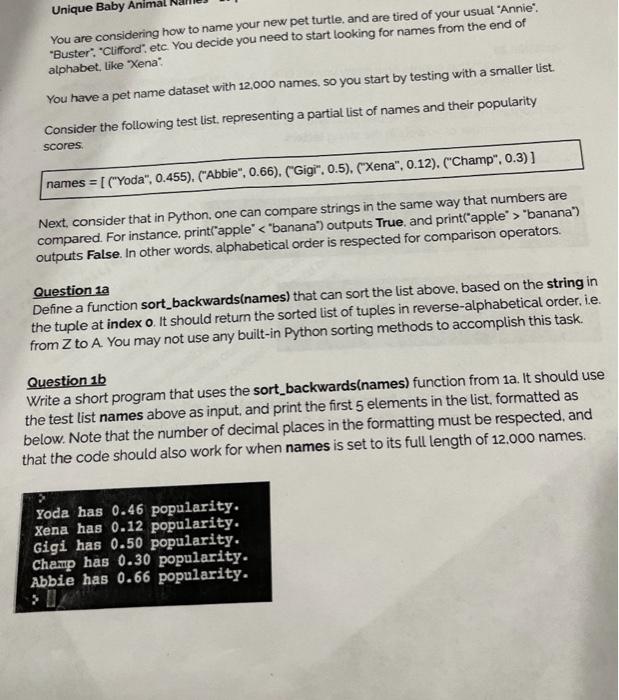 Solved Unique Baby Animal You are considering how to name | Chegg.com