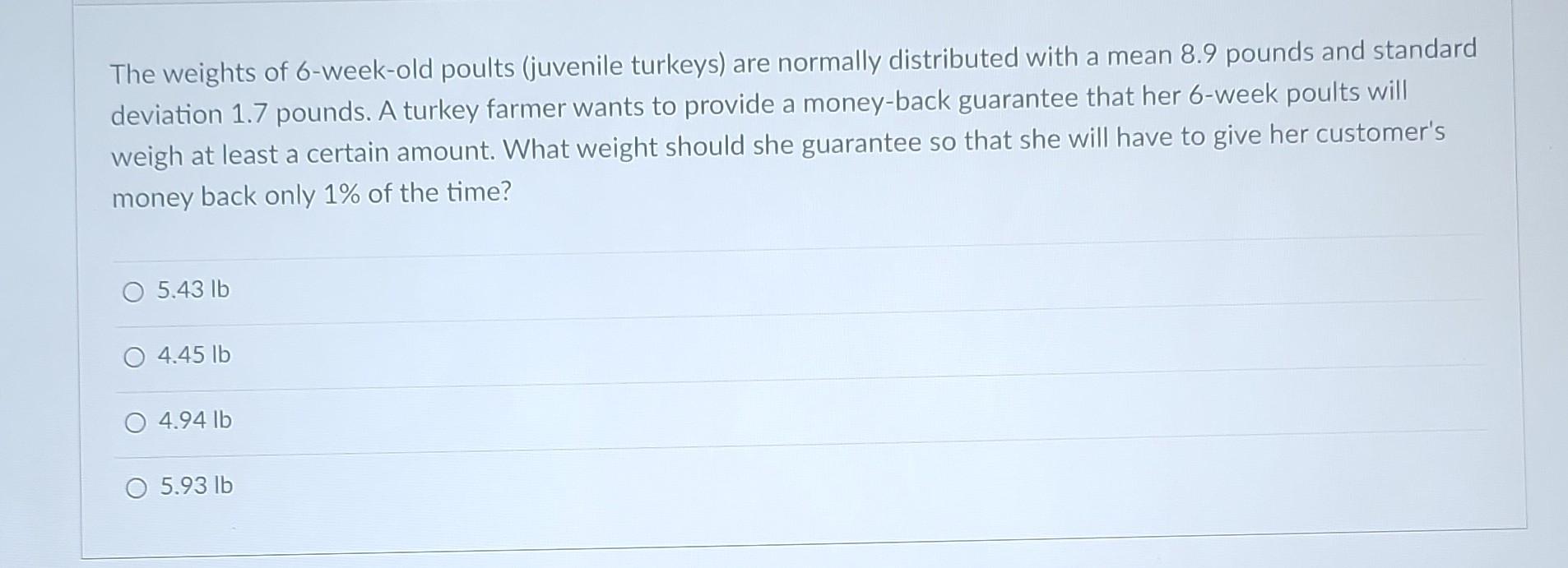 Solved The weights of 6-week-old poults (juvenile turkeys) | Chegg.com