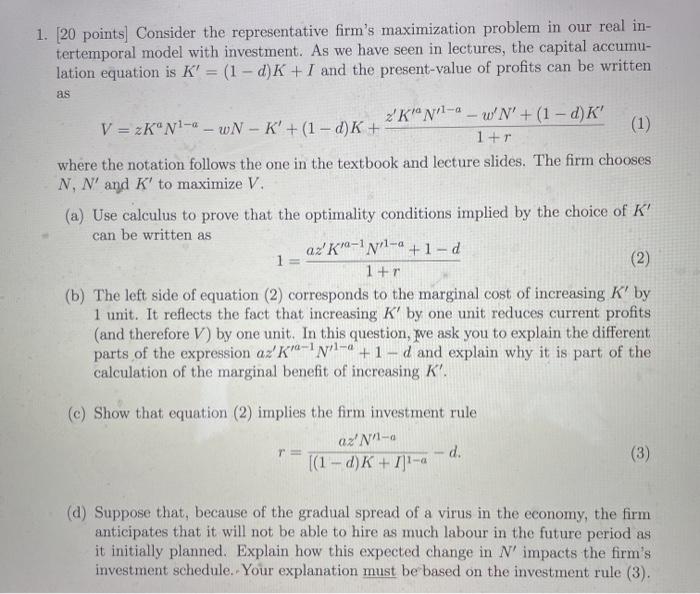 Solved 1. [20 points) Consider the representative firm's | Chegg.com