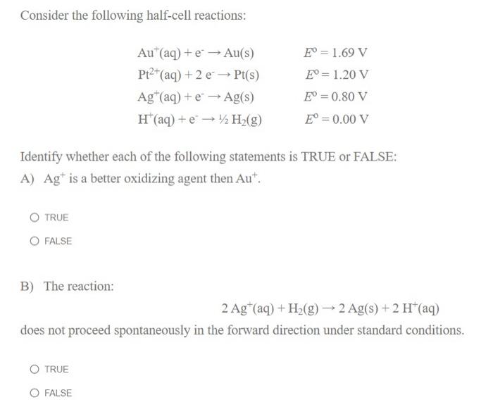 Solved Consider the following half-cell reactions: | Chegg.com