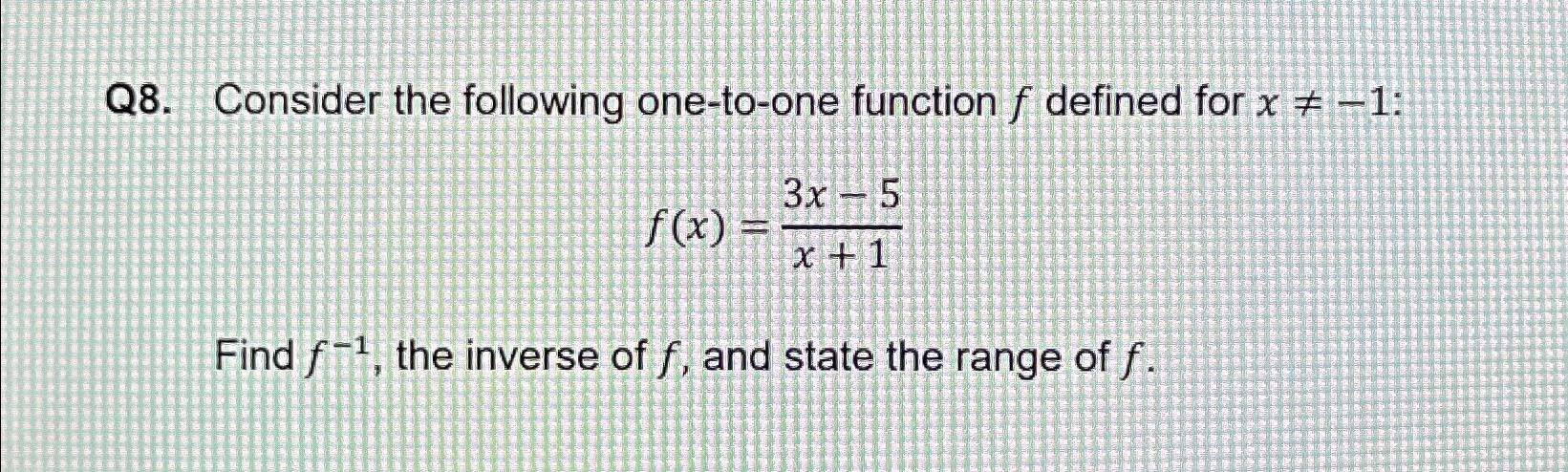 Solved Q8. ﻿Consider the following one-to-one function f | Chegg.com