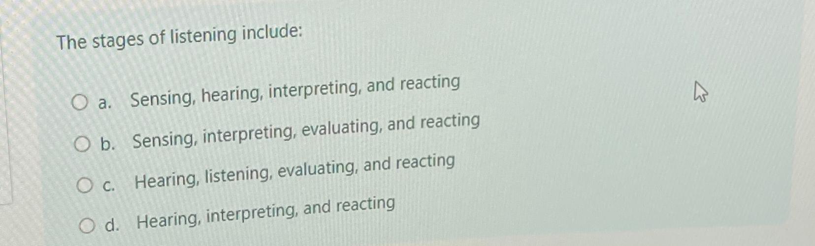 Solved The stages of listening include:a. ﻿Sensing, hearing, | Chegg.com