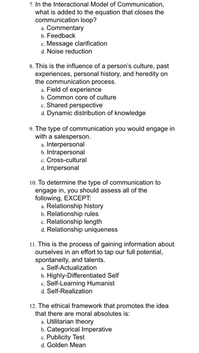 7. In the Interactional Model of Communication, what | Chegg.com