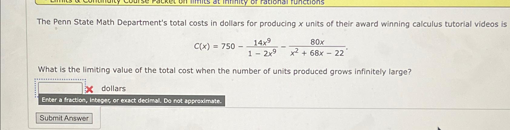 Solved The Penn State Math Department's total costs in | Chegg.com