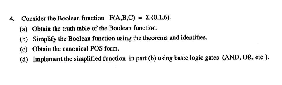 Solved 4. Consider the Boolean function F(A,B,C) = (0,1,6). | Chegg.com