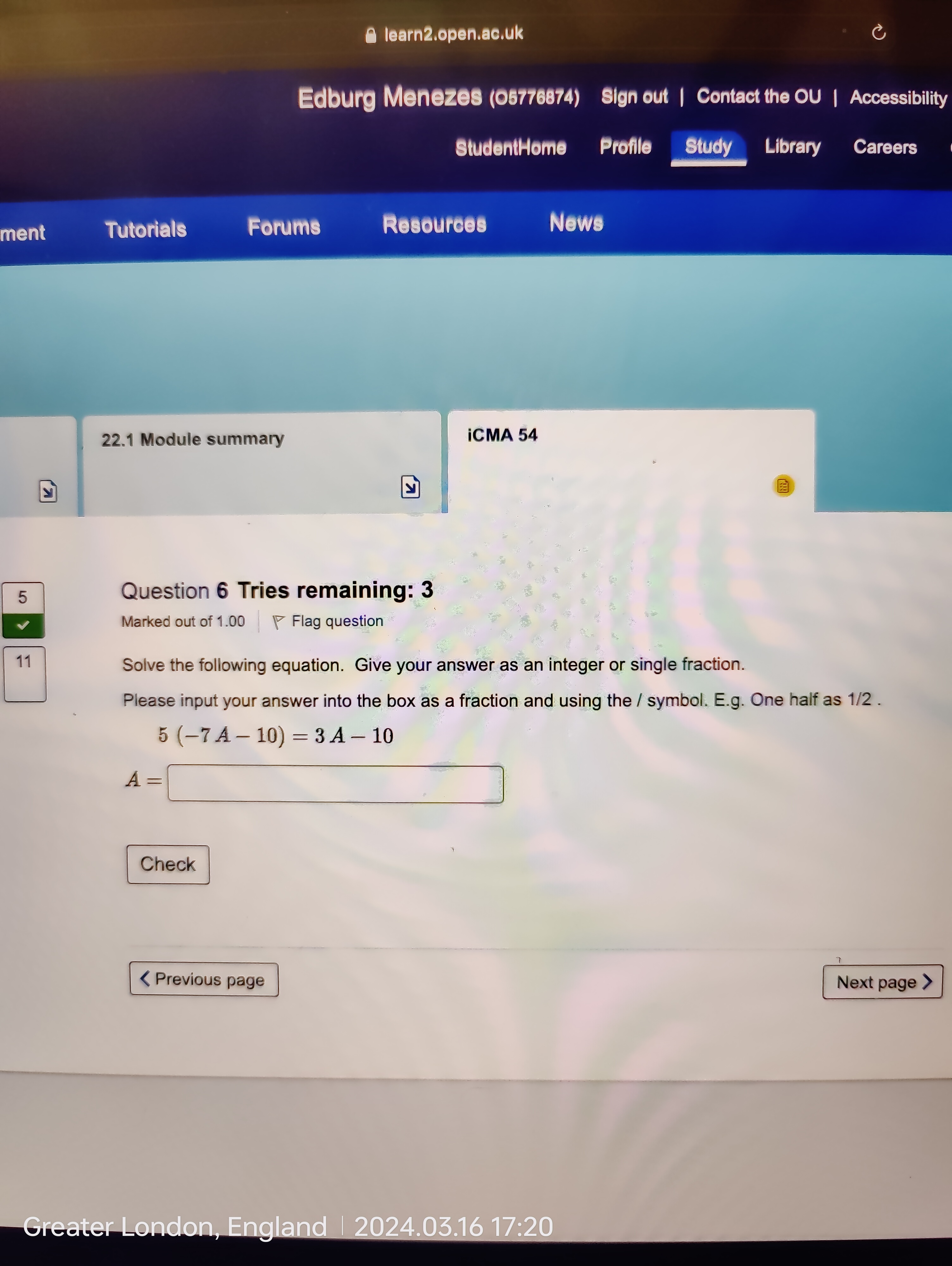 Solved Question 6 ﻿Tries remaining: 3Marked out of 1.00| ﻿F | Chegg.com