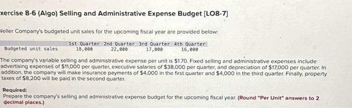 Solved xercise 8-6 (Algo) Selling and Administrative Expense | Chegg.com Solved xercise 8-6 (Algo) Selling and Administrative Expense | Chegg.com