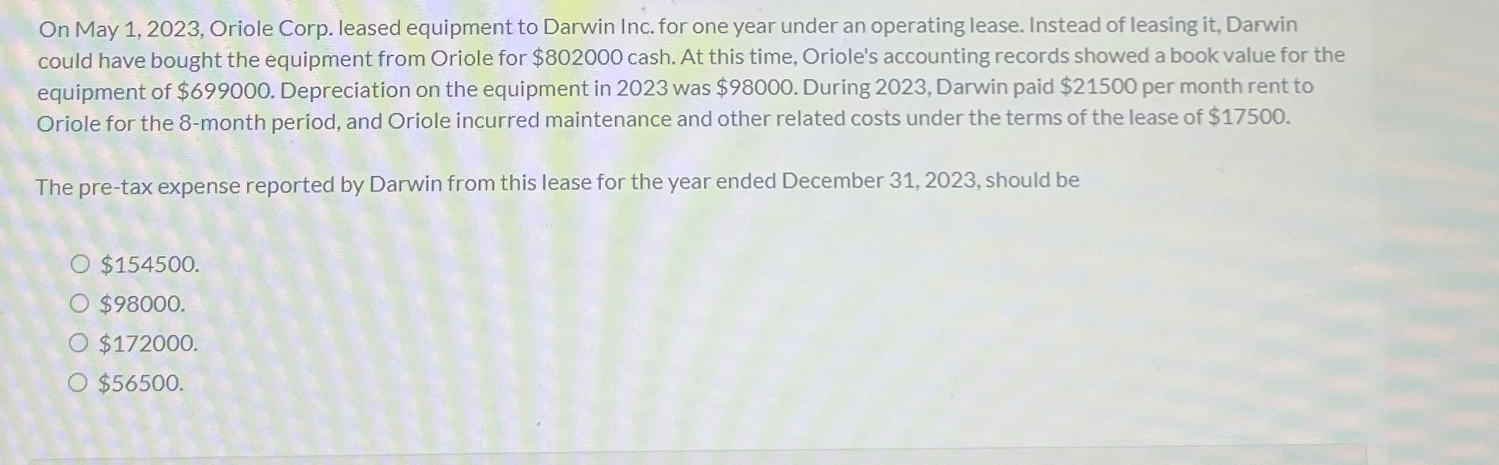 Solved On May 1, 2023, ﻿Oriole Corp. leased equipment to | Chegg.com