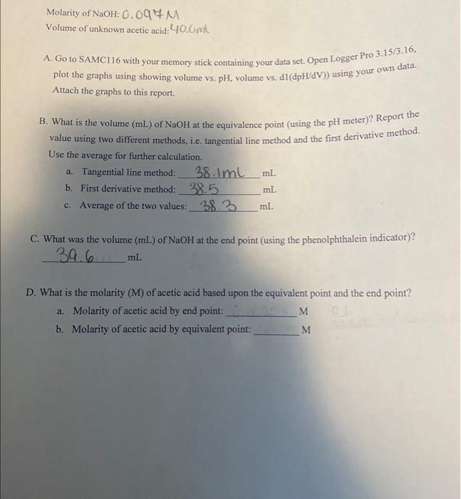 Solved Molarity of NaOH:0.097M Volume of unknown acetic | Chegg.com