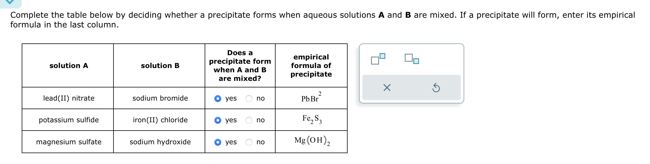 Solved solution A solution B Does a precipitate form when A | Chegg.com
