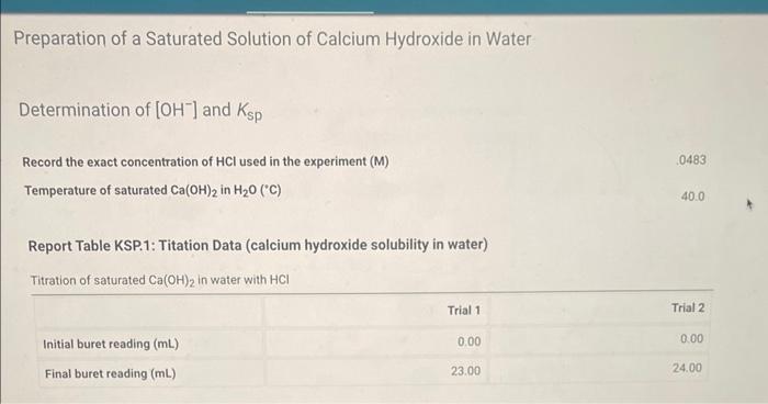 Report Table KSP.1: Titation Data (calcium hydroxide | Chegg.com