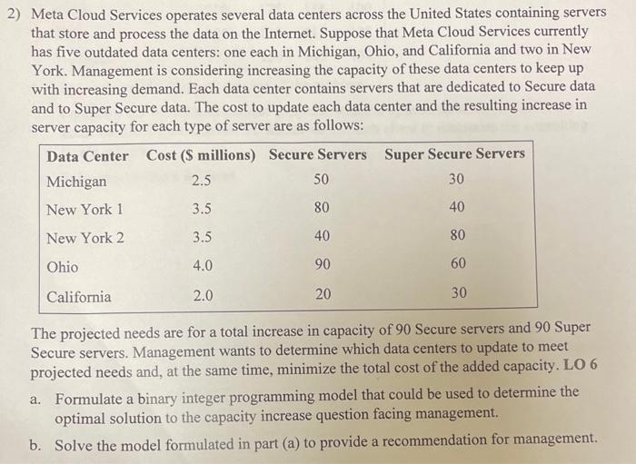 Solved Meta Cloud Services operates several data centers | Chegg.com