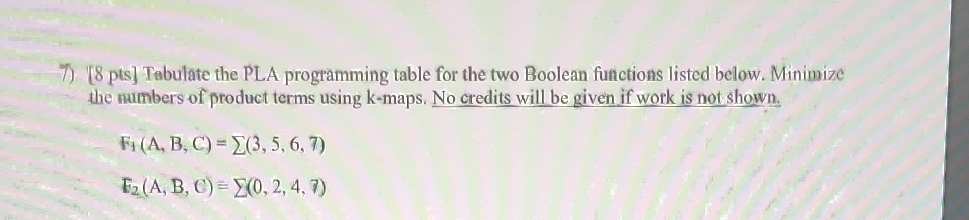 Solved 7) [8 pts] Tabulate the PLA programming table for the | Chegg.com